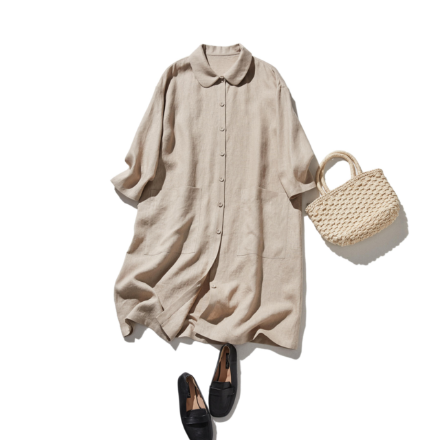 季節を超えて活躍する フレンチリネンの前開きシャツワンピース ベージュ 250409-2 | iichi 日々の暮らしを心地よくするハンドメイドやアンティークのマーケットプレイス