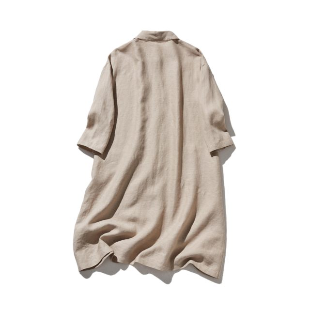 季節を超えて活躍する フレンチリネンの前開きシャツワンピース ベージュ 250409-2 | iichi 日々の暮らしを心地よくするハンドメイドやアンティークのマーケットプレイス