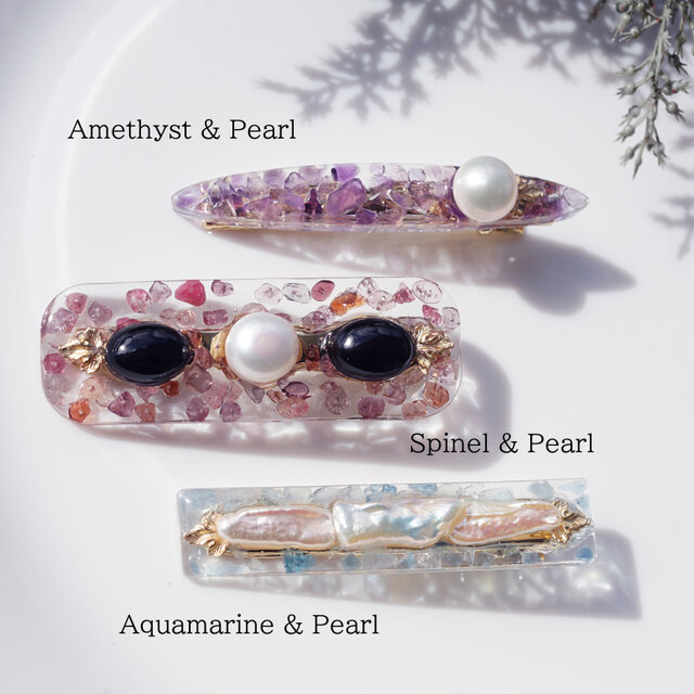 真珠とアメジストのジュエル・ヘアクリップ/バレッタ ～百花繚乱 | iichi 日々の暮らしを心地よくするハンドメイドやアンティークのマーケットプレイス