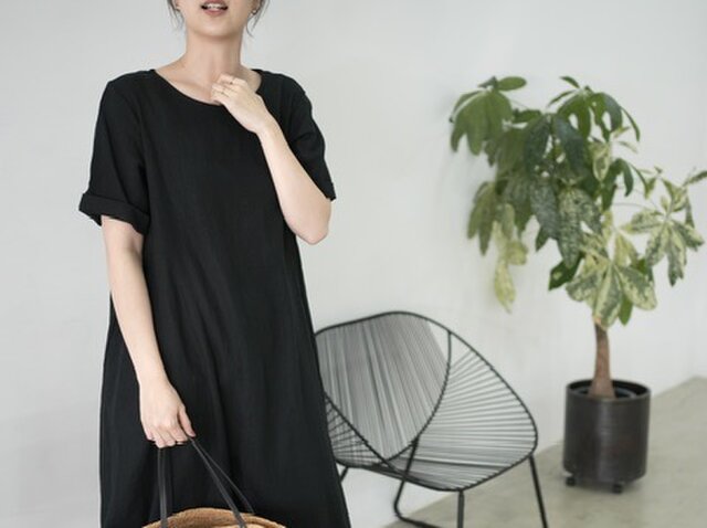 Aライン半袖ワンピース リネンブラック No.99-01 | iichi 日々の暮らしを心地よくするハンドメイドやアンティークのマーケットプレイス