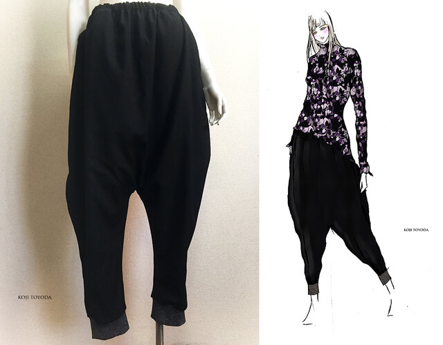 【1点もの・デザイン画付き】ブラック尾州ウール生地ぶかぶかパンツ（KOJI TOYODA） | iichi 日々の暮らしを心地よくするハンドメイドやアンティークのマーケットプレイス
