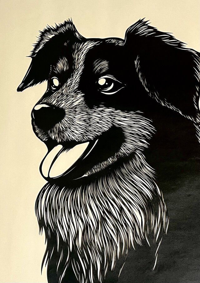 額装済み切り絵作品・笑顔の犬 | iichi 日々の暮らしを心地よくするハンドメイドやアンティークのマーケットプレイス