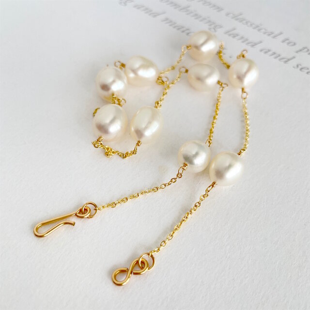 大粒淡水 ライス型パール ステーションネックレス 9.5x11mm (K14gf) | iichi 日々の暮らしを心地よくするハンドメイドやアンティークのマーケットプレイス