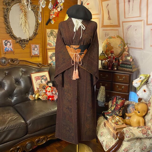 着物 リメイク ロング ワンピース ドレス 洗える 化繊 名古屋帯サッシュベルト 和洋折衷 KW-947 | iichi 日々の暮らしを心地よくするハンドメイドやアンティークのマーケットプレイス