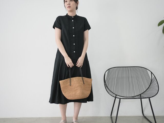 ピンタックワンピース半袖 ︎コットンリネンブラック No.339 | iichi 日々の暮らしを心地よくするハンドメイドやアンティークのマーケットプレイス