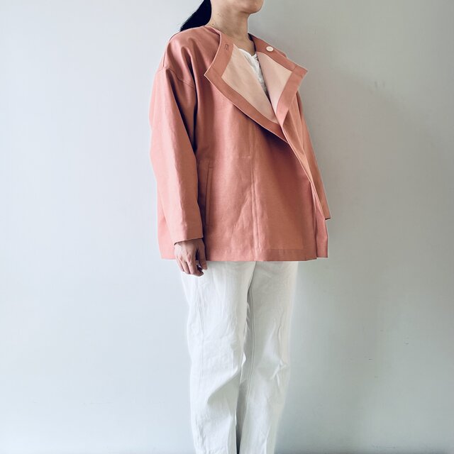 リネンコットンドロップショルダーコート(コーラル) | iichi 日々の暮らしを心地よくするハンドメイドやアンティークのマーケットプレイス