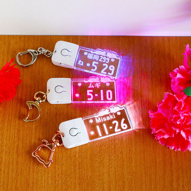 ★7色光る ニャンバープレートキーホルダー USB充電式 猫ちゃん ナンバープレート 母の日 父の日 誕生日 | iichi 日々の暮らしを心地よくするハンドメイドやアンティークのマーケットプレイス