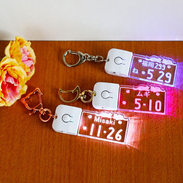 ★7色光る ニャンバープレートキーホルダー USB充電式 猫ちゃん ナンバープレート 母の日 父の日 誕生日 | iichi 日々の暮らしを心地よくするハンドメイドやアンティークのマーケットプレイス