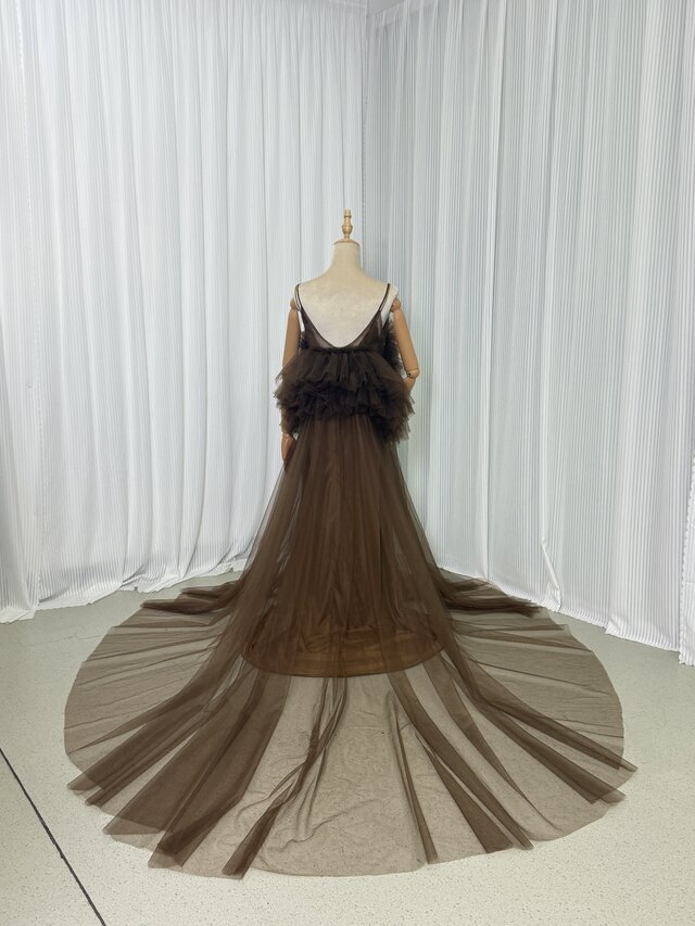 人気上昇！パーティードレス ブラウン 2ways キャミソール 胸元フリル 妊婦 前撮り | iichi 日々の暮らしを心地よくするハンドメイドやアンティークのマーケットプレイス