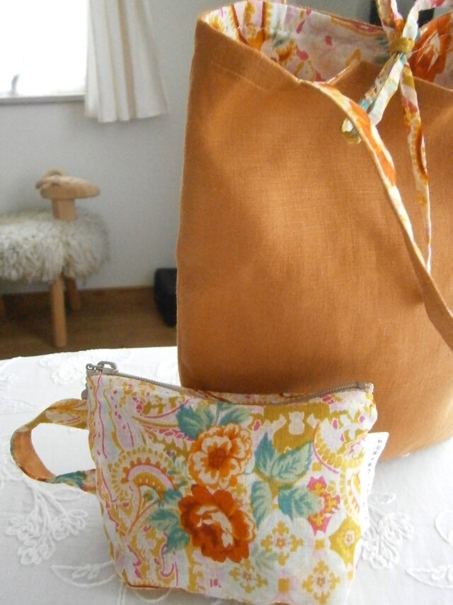 OrangeBrownLinen×花cotton 小さめBag＆pouch | iichi 日々の暮らしを心地よくするハンドメイドやアンティークのマーケットプレイス