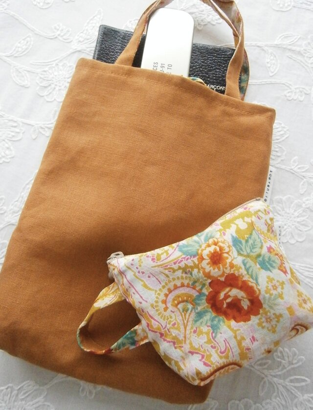 OrangeBrownLinen×花cotton 小さめBag＆pouch | iichi 日々の暮らしを心地よくするハンドメイドやアンティークのマーケットプレイス