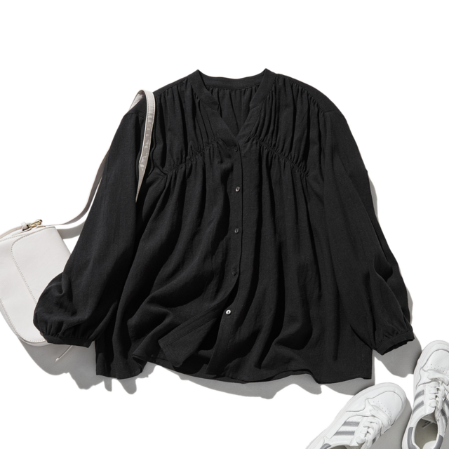 ナチュラルテイストの綿麻シャツブラウス 長袖ブラウス ブラック 250420-4 | iichi 日々の暮らしを心地よくするハンドメイドやアンティークのマーケットプレイス