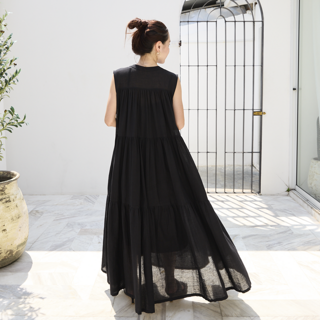 【着丈調整可能】軽やかな着心地 コットン 前開き ティアードワンピース ブラック 0527BK | iichi 日々の暮らしを心地よくするハンドメイドやアンティークのマーケットプレイス