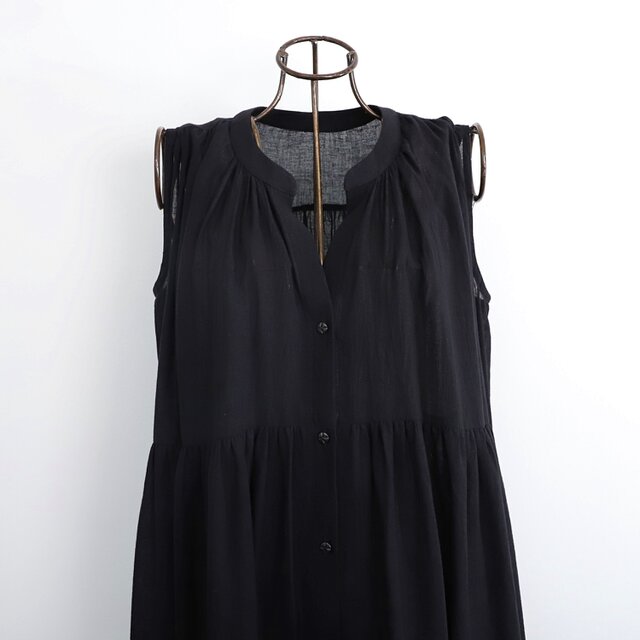 【着丈調整可能】軽やかな着心地 コットン 前開き ティアードワンピース ブラック 0527BK | iichi 日々の暮らしを心地よくするハンドメイドやアンティークのマーケットプレイス