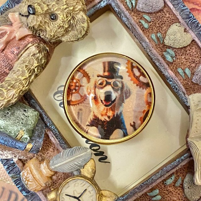 着物リメイク ガラス帯留め 和洋折衷 和ロリータ ハンドメイド アクセサリー スチーム紳士のゴールデンレトリバー GK-98 | iichi 日々の暮らしを心地よくするハンドメイドや ...