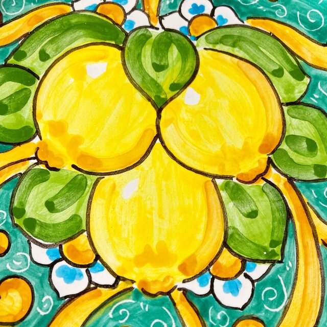 絵皿 26cm GEO056 マヨリカ焼き イタリア陶器 レモン柄 ディナー皿 エメラルドグリーン | iichi 日々の暮らしを心地よくするハンドメイドやアンティークのマーケットプレイス