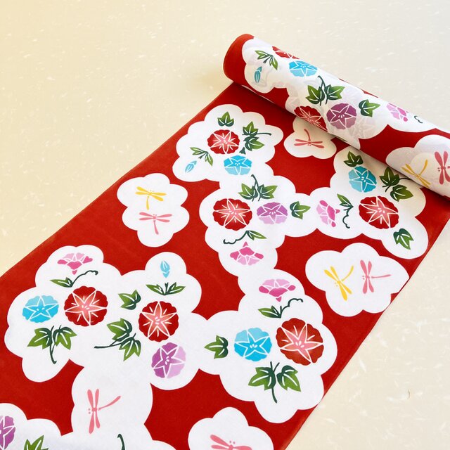 子供 浴衣地ひかえめフレアーワンピース 注染とんぼと朝顔（赤地） 80-130サイズ〈受注製作〉 | iichi 日々の暮らしを心地よくするハンドメイドやアンティークのマーケットプレイス