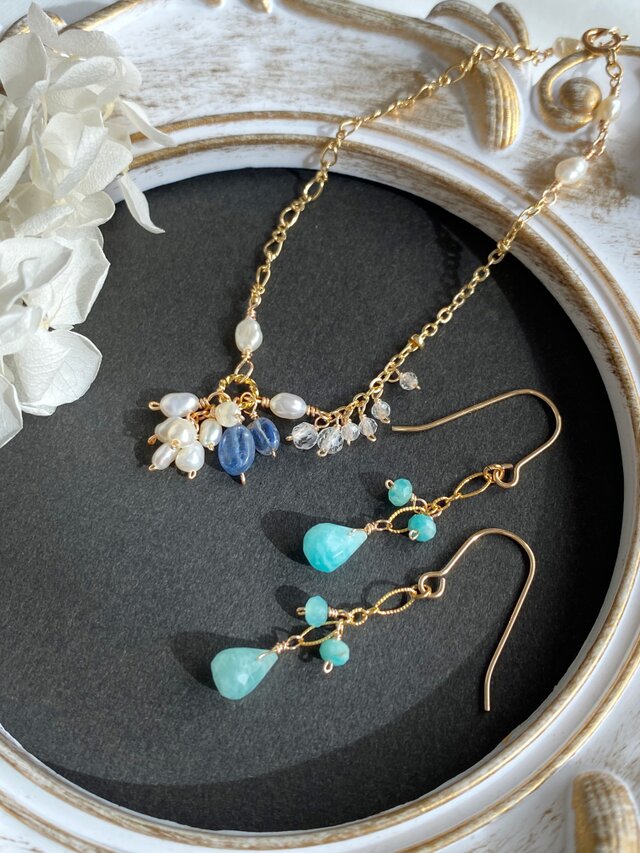 14kgf アマゾナイトのブルーグリーンなピアス ac/904 | iichi 日々の暮らしを心地よくするハンドメイドやアンティークのマーケットプレイス