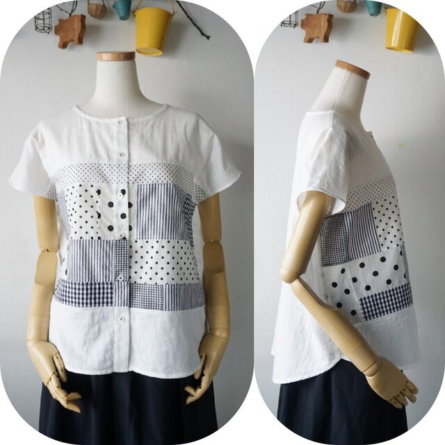爽やかパッチワークなフレンチスリーブブラウスC(モノトーン) | iichi 日々の暮らしを心地よくするハンドメイドやアンティークのマーケットプレイス