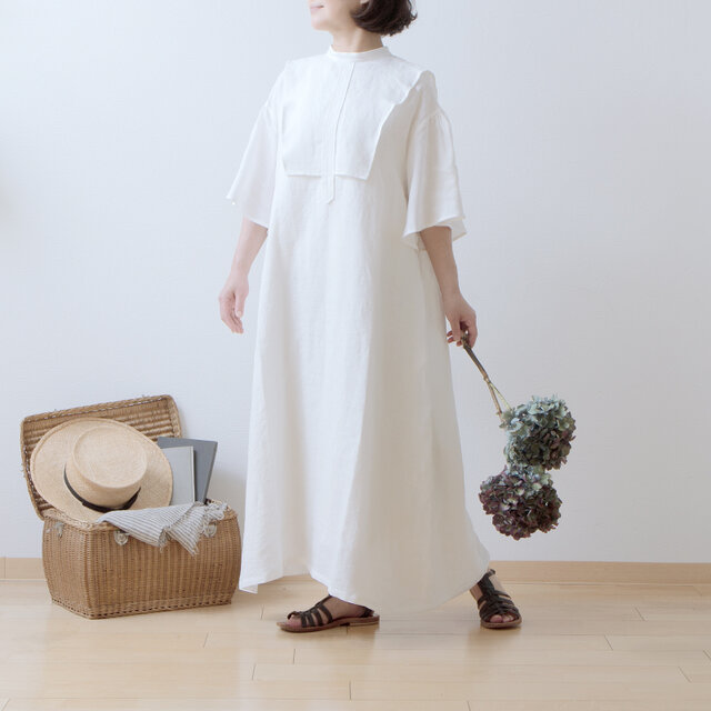 ヨークレイヤーフレアハーフスリーブリネンワンピース/オフホワイト | iichi 日々の暮らしを心地よくするハンドメイドやアンティークのマーケットプレイス
