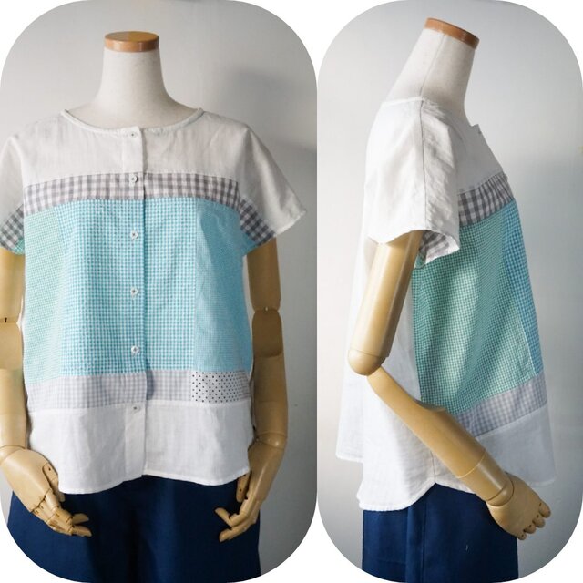 爽やかパッチワークなフレンチスリーブブラウスD(水色mix) | iichi 日々の暮らしを心地よくするハンドメイドやアンティークのマーケットプレイス