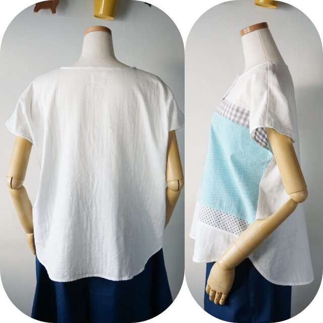 爽やかパッチワークなフレンチスリーブブラウスD(水色mix) | iichi 日々の暮らしを心地よくするハンドメイドやアンティークのマーケットプレイス