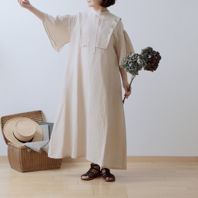 ヨークレイヤーフレアハーフスリーブリネンワンピース/ベージュ | iichi 日々の暮らしを心地よくするハンドメイドやアンティークのマーケットプレイス