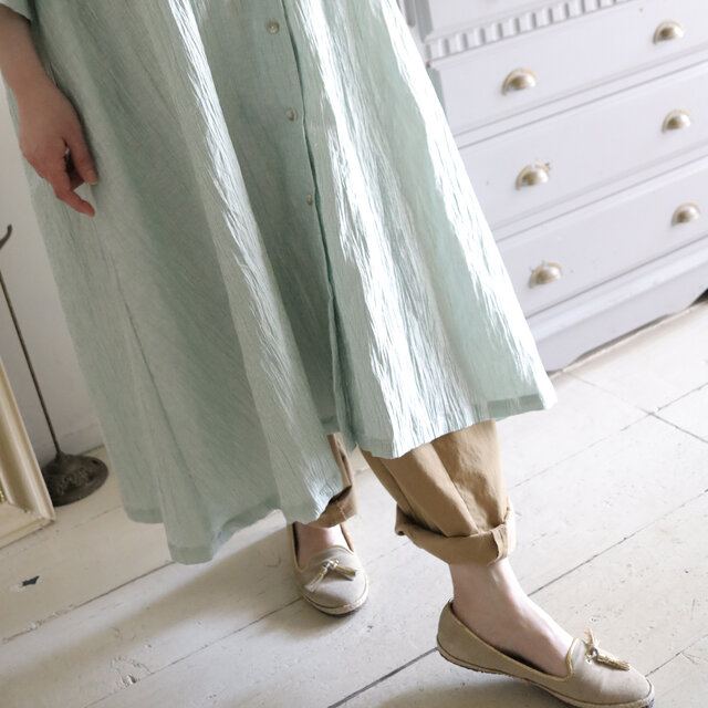 Aラインシャツワンピース/グリーンストライプ | iichi 日々の暮らしを心地よくするハンドメイドやアンティークのマーケットプレイス