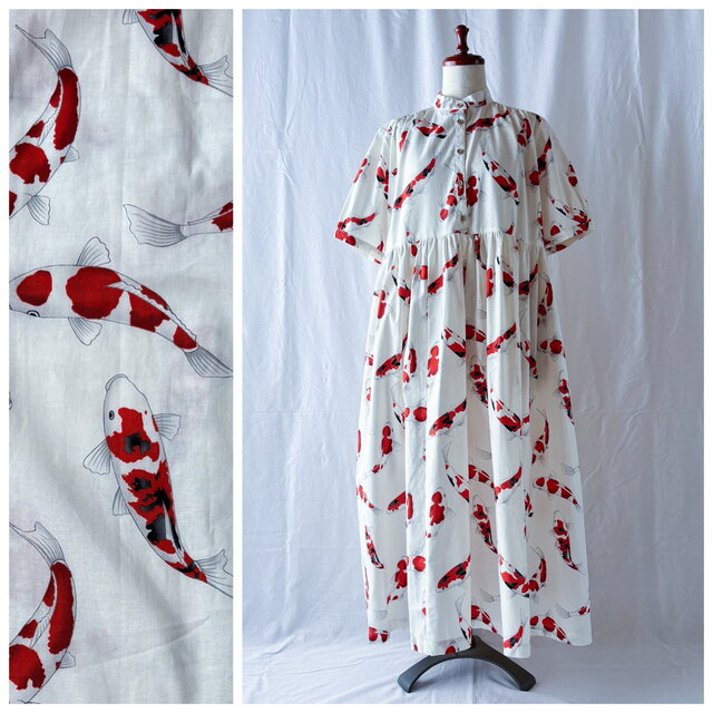 レディのためのプラムワンピース（5分袖）：120cm丈（錦鯉：オフホワイト） | iichi 日々の暮らしを心地よくするハンドメイドやアンティークのマーケットプレイス