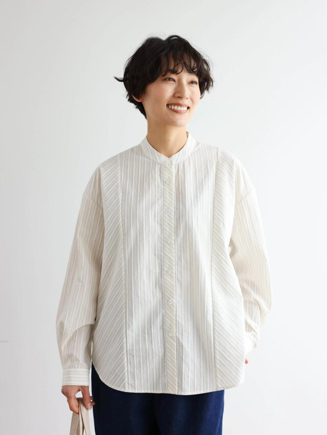実用性と上品さを兼ね備えたストライプシャツ コットンジャガードストライプシャツ ベージュ＊ホワイト 250507-2 | iichi 日々の暮らしを心地よくするハンドメイドやアンティークの ...