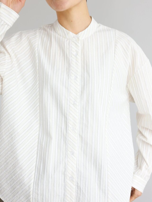 実用性と上品さを兼ね備えたストライプシャツ コットンジャガードストライプシャツ ベージュ＊ホワイト 250507-2 | iichi 日々の暮らしを心地よくするハンドメイドやアンティークの ...