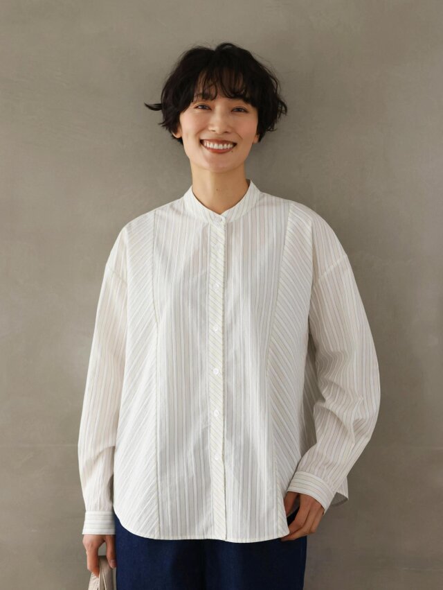 実用性と上品さを兼ね備えたストライプシャツ コットンジャガードストライプシャツ ベージュ＊ホワイト 250507-2 | iichi 日々の暮らしを心地よくするハンドメイドやアンティークの ...