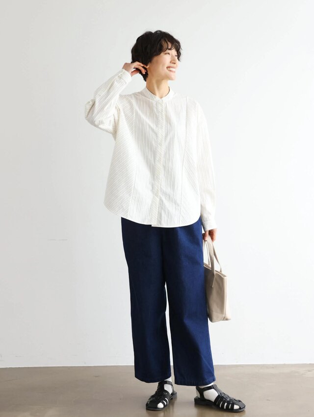 実用性と上品さを兼ね備えたストライプシャツ コットンジャガードストライプシャツ ベージュ＊ホワイト 250507-2 | iichi 日々の暮らしを心地よくするハンドメイドやアンティークの ...