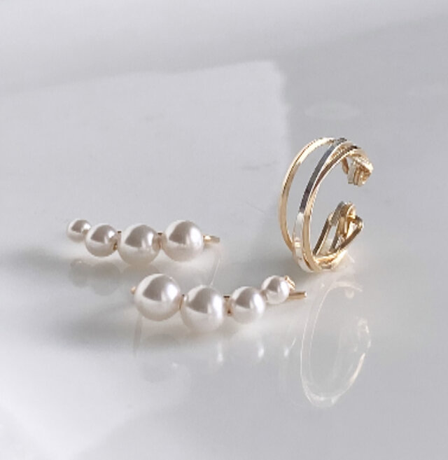【スターターセット】 diagonalイヤーカフ14kgf×silver925 pearl clip | iichi 日々の暮らしを心地よくするハンドメイドやアンティークのマーケットプレイス