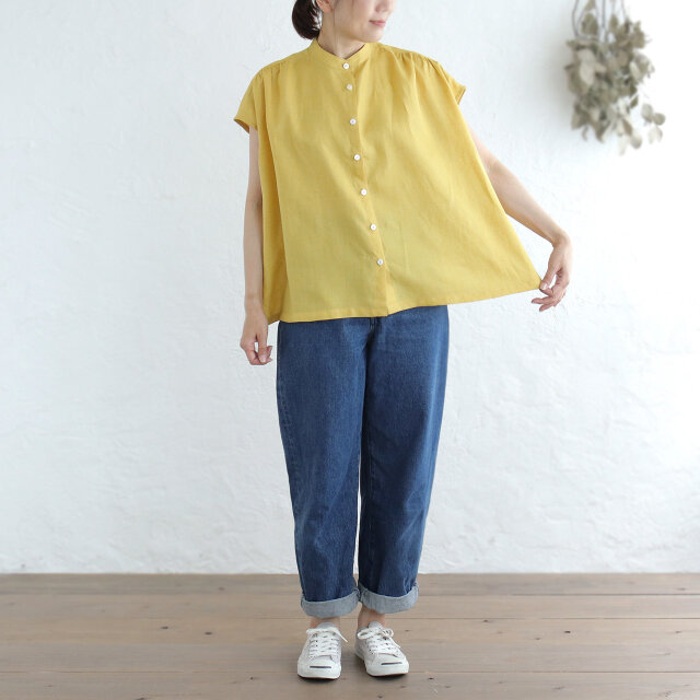 快適キチンと見え リネン フレンチスリーブバンドカラーブラウス （ハニーイエロー）TP42 | iichi 日々の暮らしを心地よくするハンドメイドやアンティークのマーケットプレイス
