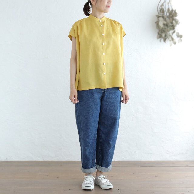 快適キチンと見え リネン フレンチスリーブバンドカラーブラウス （ハニーイエロー）TP42 | iichi 日々の暮らしを心地よくするハンドメイドやアンティークのマーケットプレイス