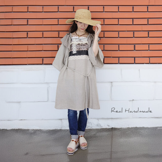 ヨーロッパリネンレースMIX空羽ガーゼポンチョ風ワンピース | iichi 日々の暮らしを心地よくするハンドメイドやアンティークのマーケットプレイス