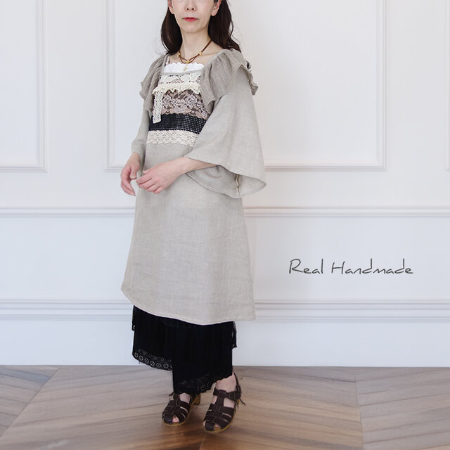 ヨーロッパリネンレースMIX空羽ガーゼポンチョ風ワンピース | iichi 日々の暮らしを心地よくするハンドメイドやアンティークのマーケットプレイス