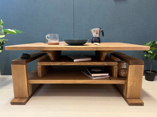 【送料無料】 ローテーブル 木組収納付き 90cm 60cm パイン ダークオーク | iichi 日々の暮らしを心地よくするハンドメイドやアンティークのマーケットプレイス