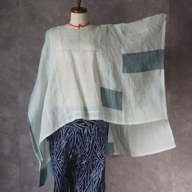 b0010 着物リメイク 男性麻着物をパッチワークブラウスに / 古布 kimono | iichi 日々の暮らしを心地よくするハンドメイドやアンティークのマーケットプレイス