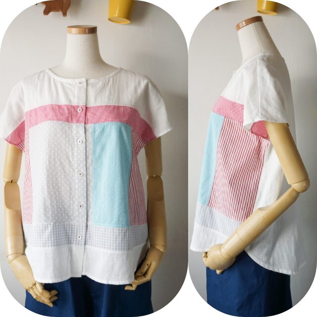 爽やかパッチワークなフレンチスリーブブラウスE(赤色mix) | iichi 日々の暮らしを心地よくするハンドメイドやアンティークのマーケットプレイス