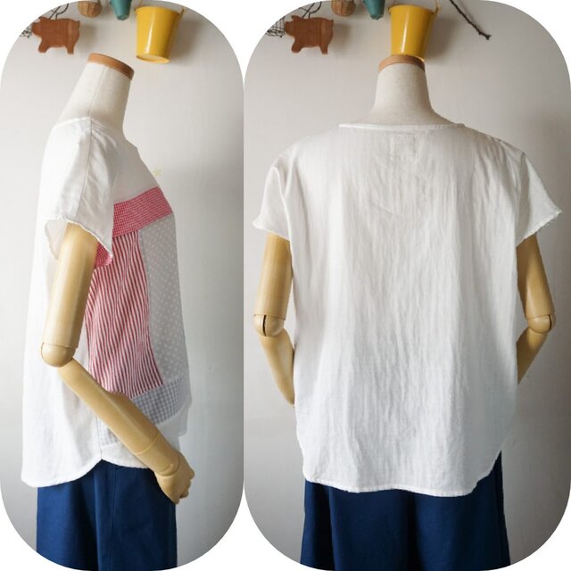 爽やかパッチワークなフレンチスリーブブラウスE(赤色mix) | iichi 日々の暮らしを心地よくするハンドメイドやアンティークのマーケットプレイス