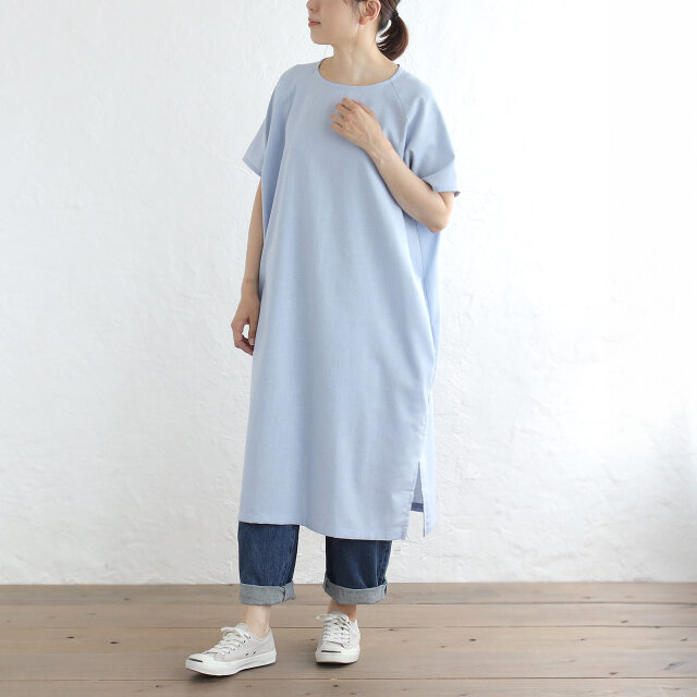 大人の装いに。すっきり見えリネン混サックワンピース（ライトブルー）OP19 | iichi 日々の暮らしを心地よくするハンドメイドやアンティークのマーケットプレイス
