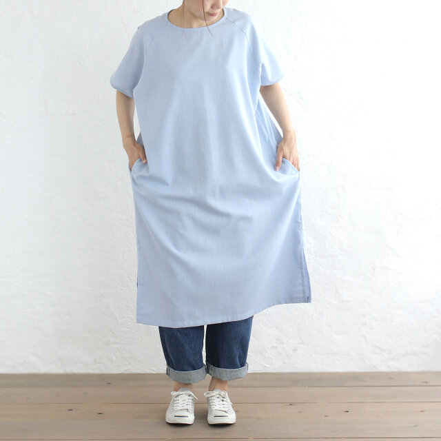 大人の装いに。すっきり見えリネン混サックワンピース（ライトブルー）OP19 | iichi 日々の暮らしを心地よくするハンドメイドやアンティークのマーケットプレイス