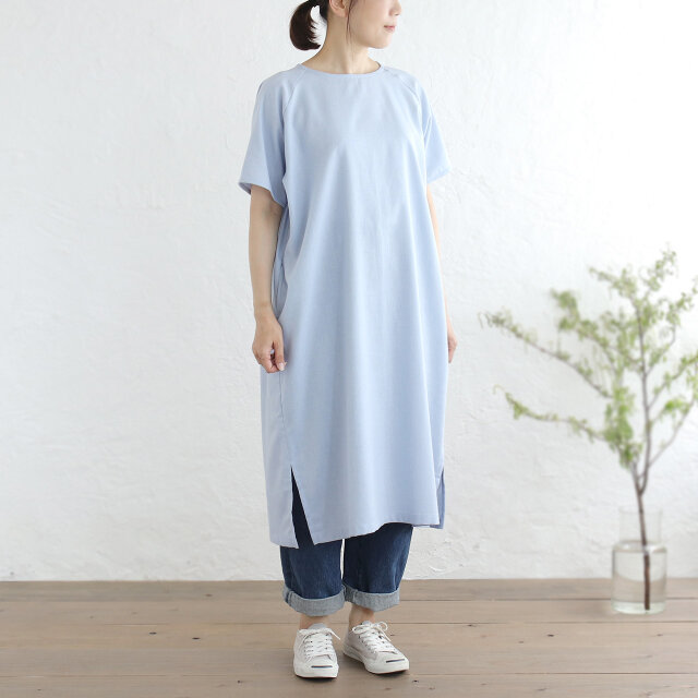 大人の装いに。すっきり見えリネン混サックワンピース（ライトブルー）OP19 | iichi 日々の暮らしを心地よくするハンドメイドやアンティークのマーケットプレイス
