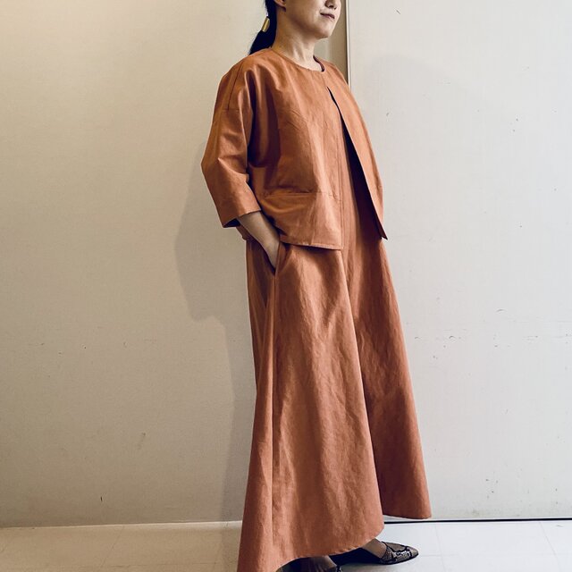 コットンリネンAラインワンピース(テラコッタ) | iichi 日々の暮らしを心地よくするハンドメイドやアンティークのマーケットプレイス