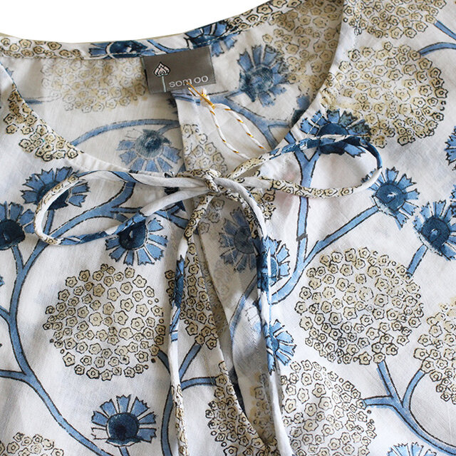 ブロックプリントリボンフレアーワンピース【ホワイト花柄】 | iichi 日々の暮らしを心地よくするハンドメイドやアンティークのマーケットプレイス