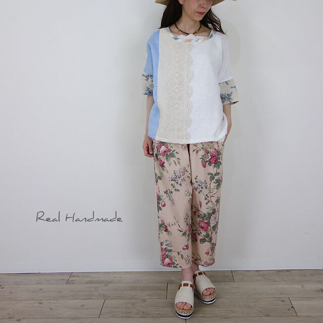 花模様レースとネモフィラ切替のオフリネン・ドロッププルオーバー | iichi 日々の暮らしを心地よくするハンドメイドやアンティークのマーケットプレイス