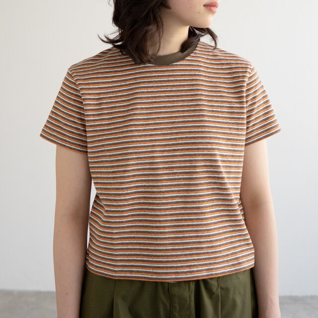 FRECKLE/マルチボーダー summer tee/orange×olive/size1 | iichi 日々の暮らしを心地よくするハンドメイドやアンティークのマーケットプレイス