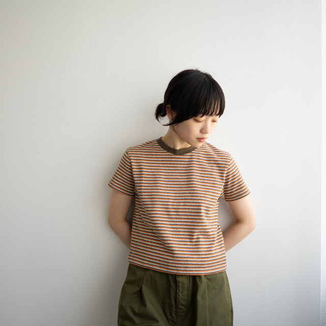 FRECKLE/マルチボーダー summer tee/orange×olive/size1 | iichi 日々の暮らしを心地よくするハンドメイドやアンティークのマーケットプレイス